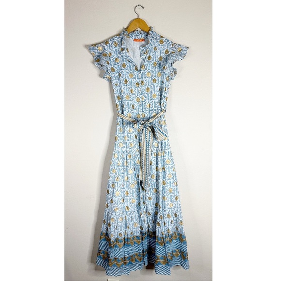 Oliphant | Dresses | Oliphant Blue And Gold Ruffle Collar Button Front ...